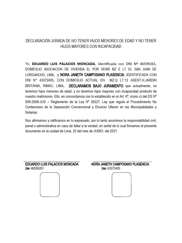 Declaración Jurada de No Tener Hijos Menores de Edad y No Tener Hijos Mayores Con Incapacidadd ...