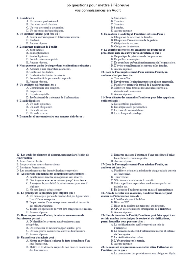 66 QCM Corrigés sur l'Audit | PDF | Audit | Audit financier