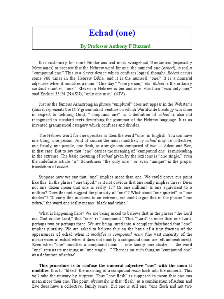 'Echad' Means One, Not Two or More | PDF | Plural | Grammatical Number