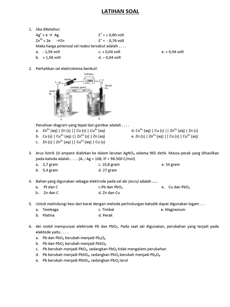 Latihan Soal Elektrokimia, Elektrolisis, Korosi - Share | PDF