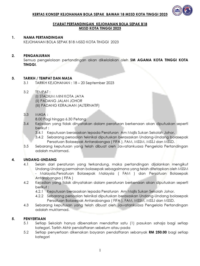 Syarat Pertandingan Bola Sepak U18 MSSD Kota Tinggi-1 | PDF