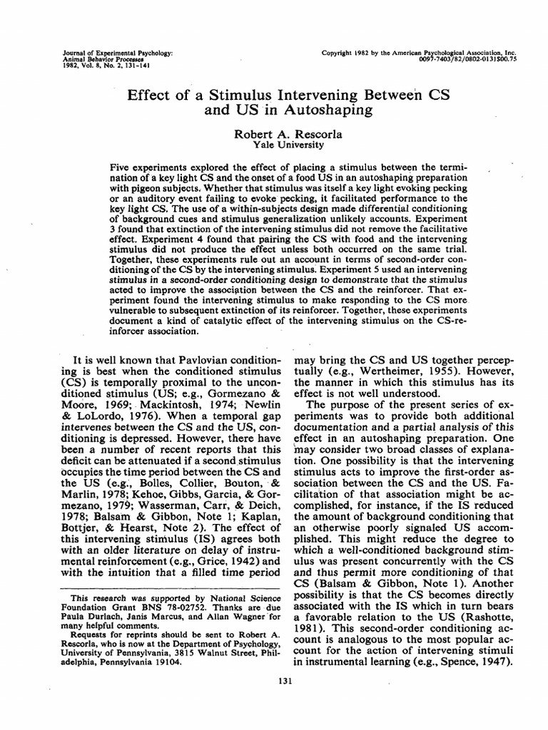 Rescorla (1982) - Effect of A Stimulus Intervening Between CS and US in ...