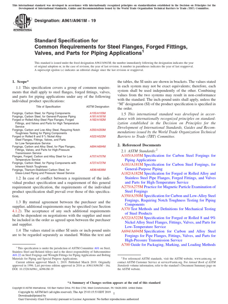 Astm A961-19 | PDF | Heat Treating | Pipe (Fluid Conveyance)