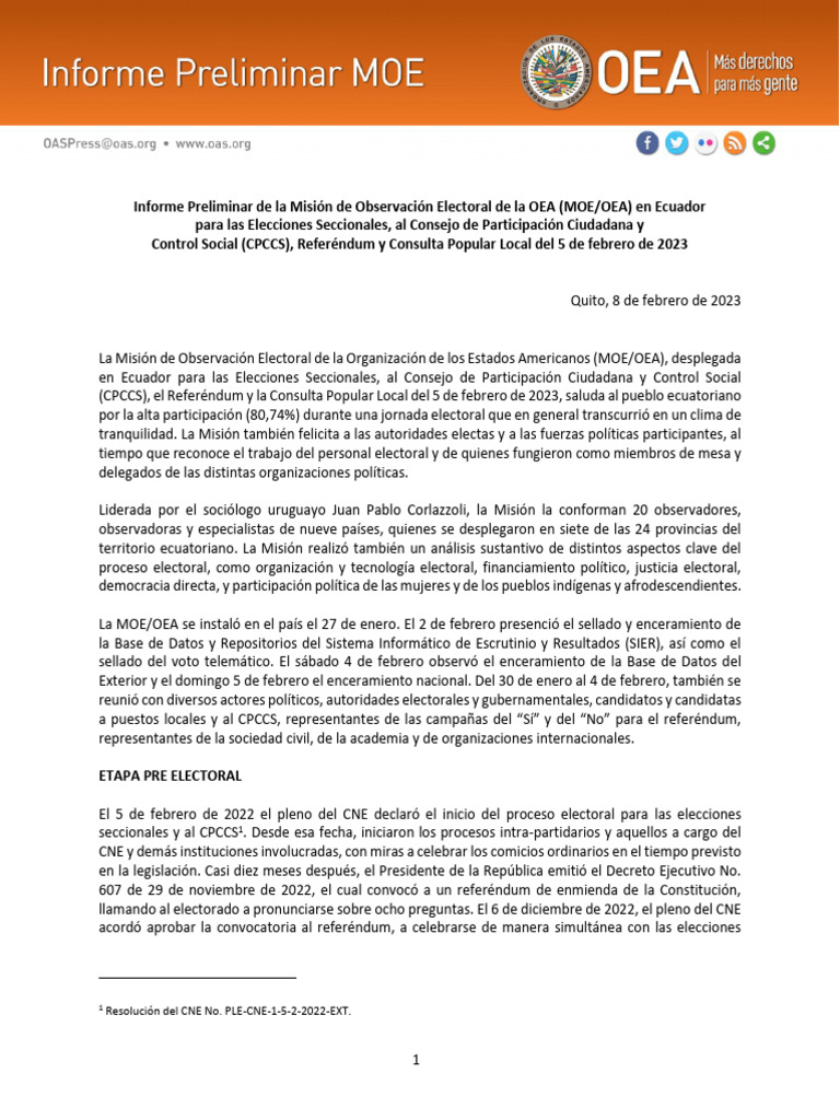 Informe Preliminar MOE Ecuador | PDF | Votación | Elecciones