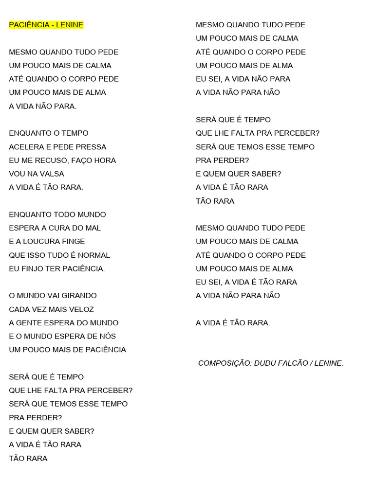 Paciência - Musica | Download grátis PDF | Tempo | Alma