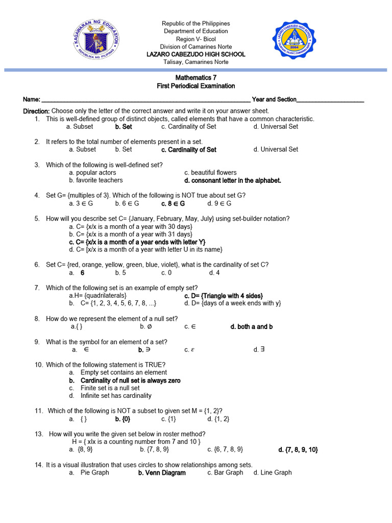 Exam Math7 q1 | PDF | Set (Mathematics) | Mathematical Objects