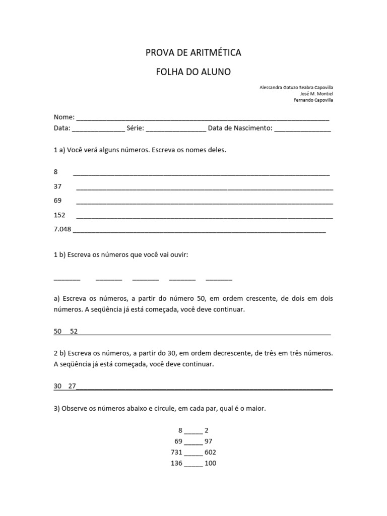Prova de Aritmética - Folha do Aluno | PDF