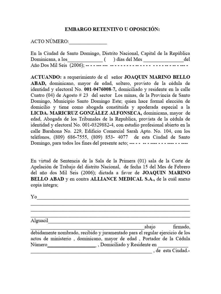 Embargo Retentivo U Oposicion Laboral | PDF | Bancos | República Dominicana