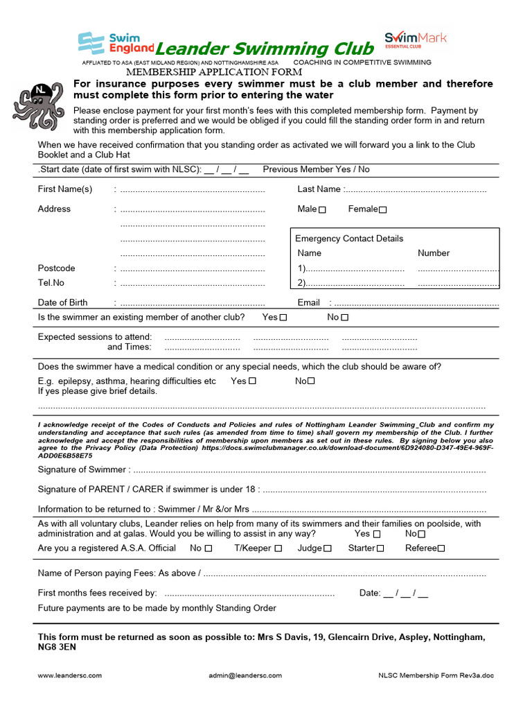 Leander Swimming Club Membership Form | PDF | Swimming (Sport) | Justice