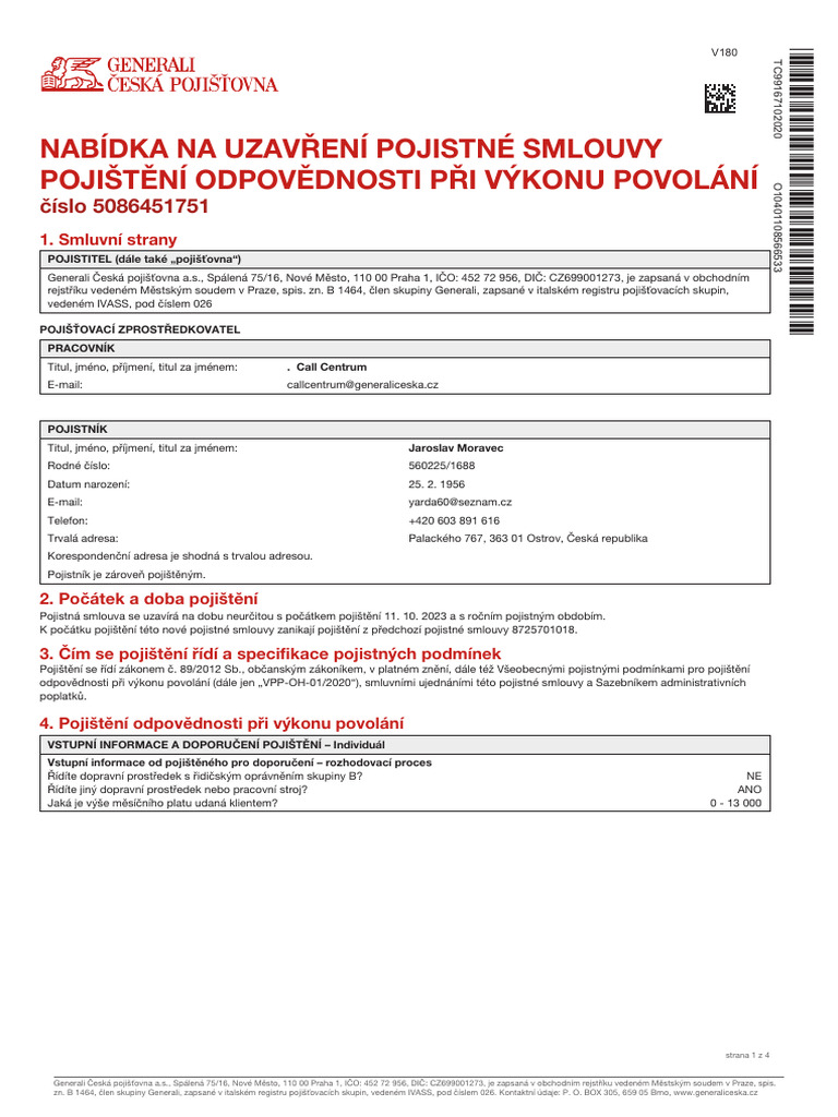 Pojistná Smlouva Pojištění Odpovědnosti Zaměstnance | PDF