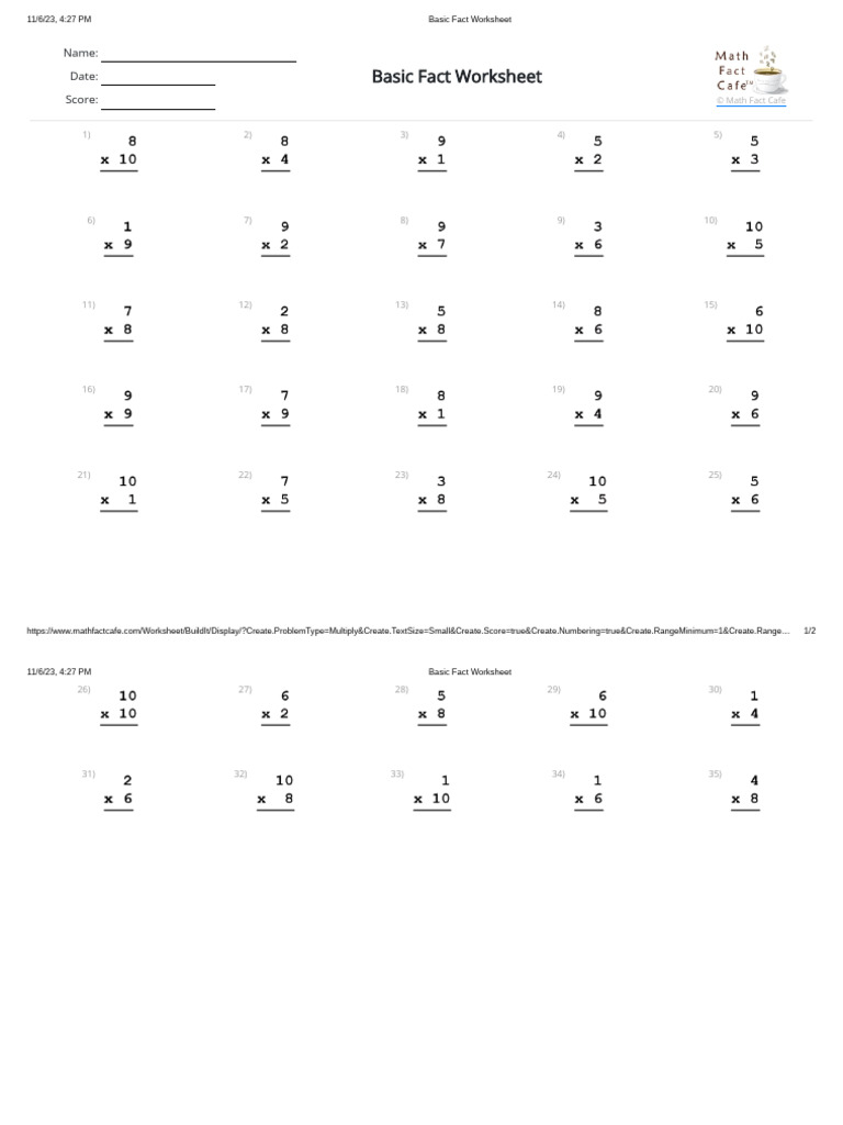 Basic Fact Worksheet | PDF