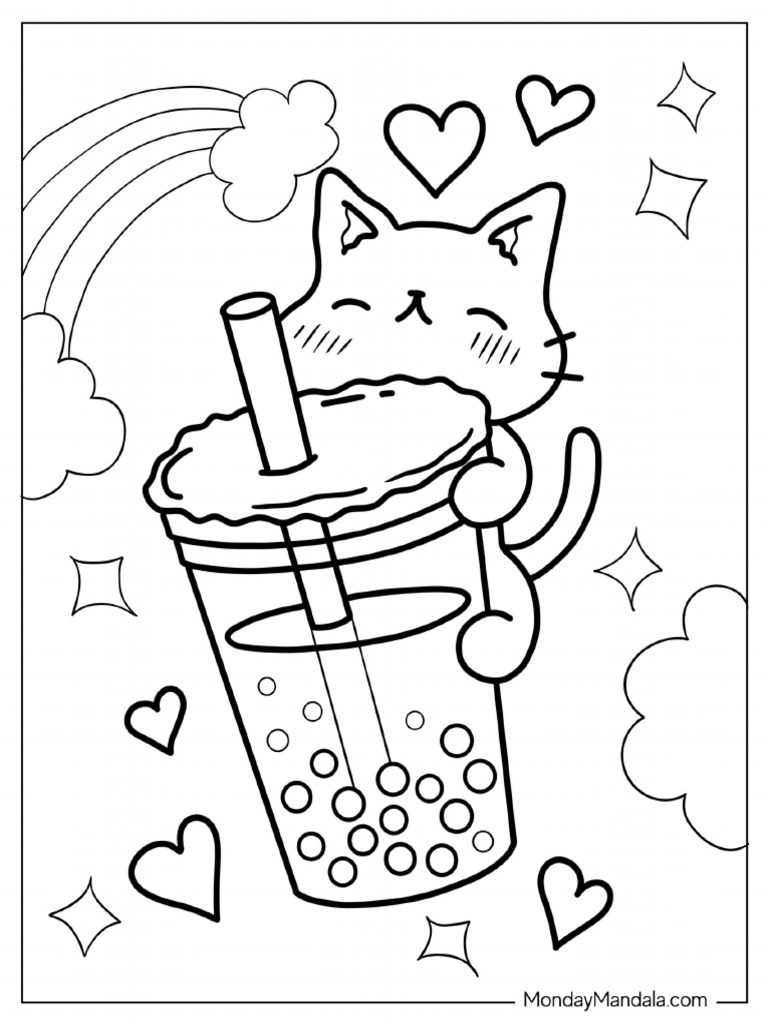 Cat Hugging Boba Tea Cup Coloring Page | PDF