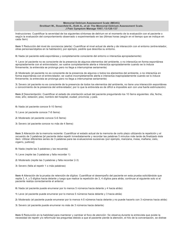Escala MDAS para Evaluación de Delirium | PDF | Dormir | Pensamiento
