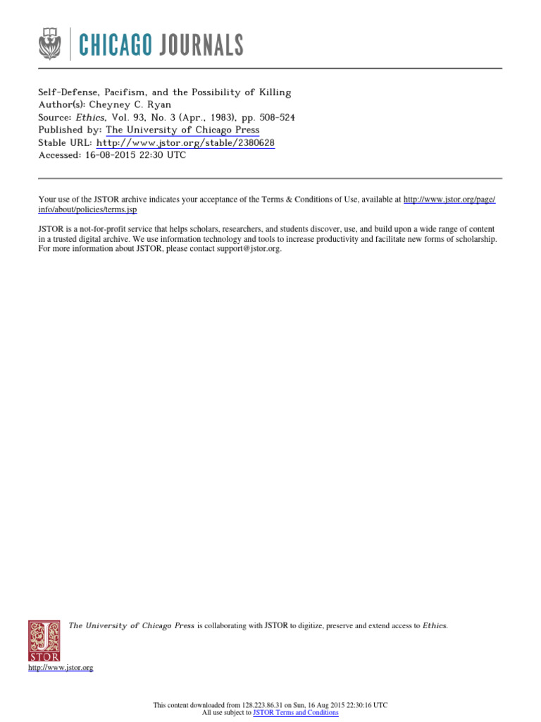 Cheyney Ryan, Pacifism, Self-Defense, and The Possibility of Killing ...