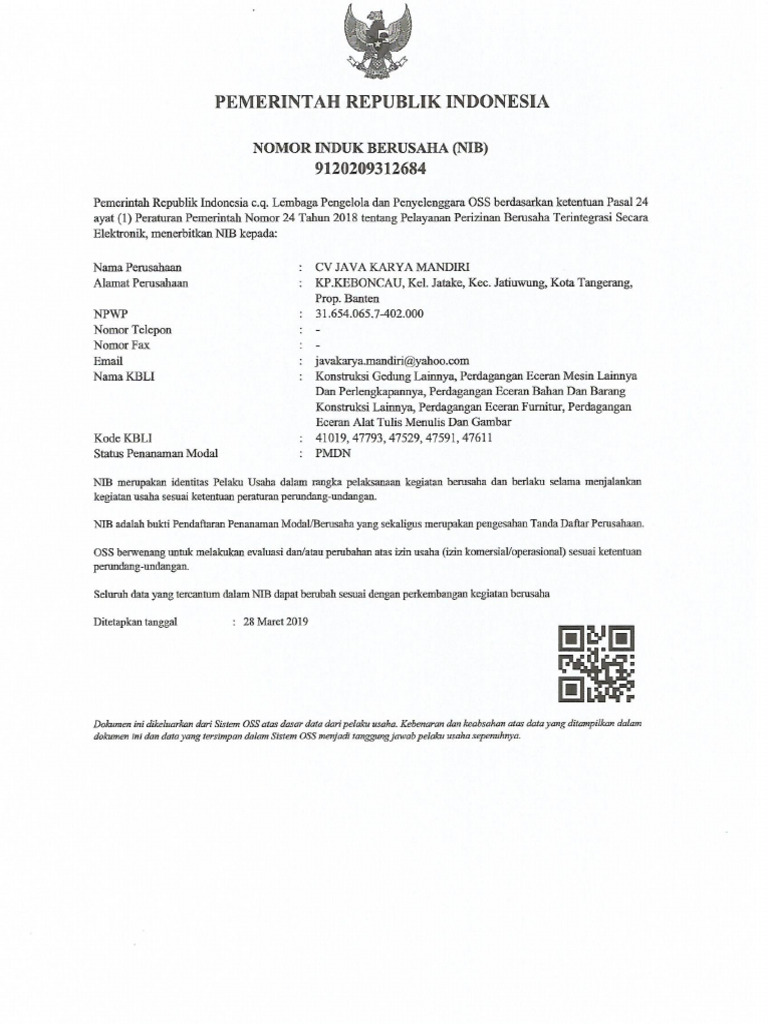 NIB CV Javakarya Mandiri | PDF