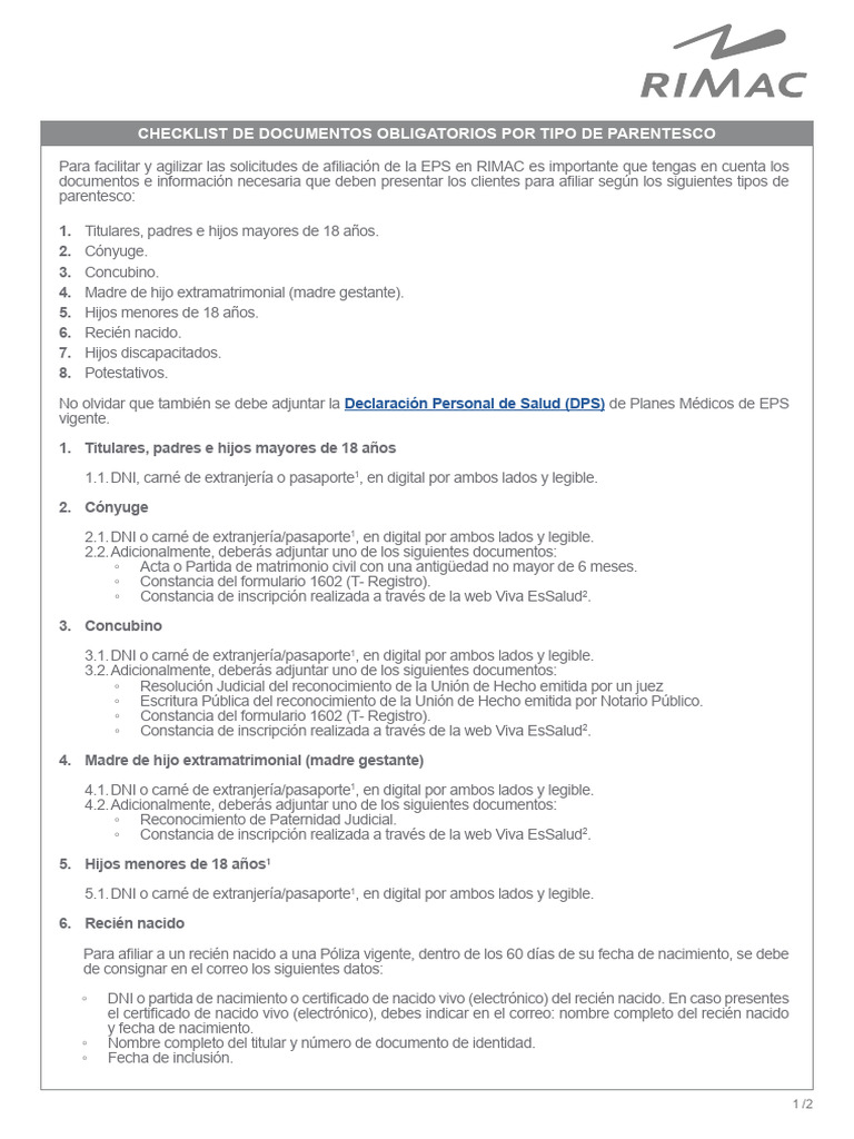 Checklist de Afiliación EPS - RIMAC | PDF | Gobierno y personalidad