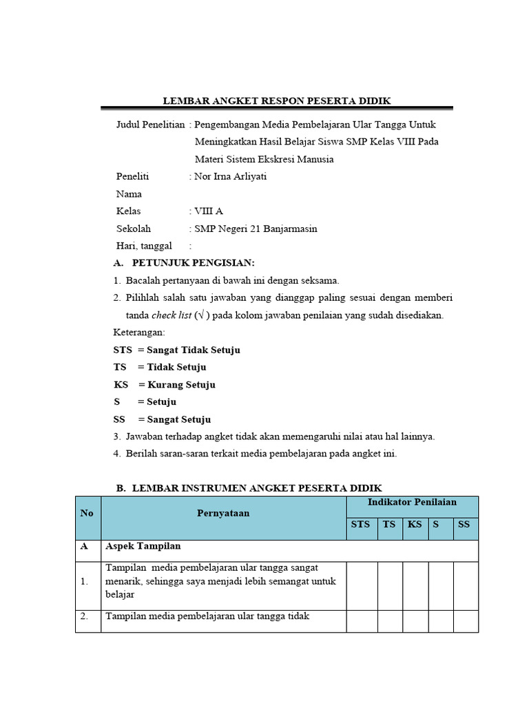 Lembar Angket Respon Peserta Didik-1 | PDF