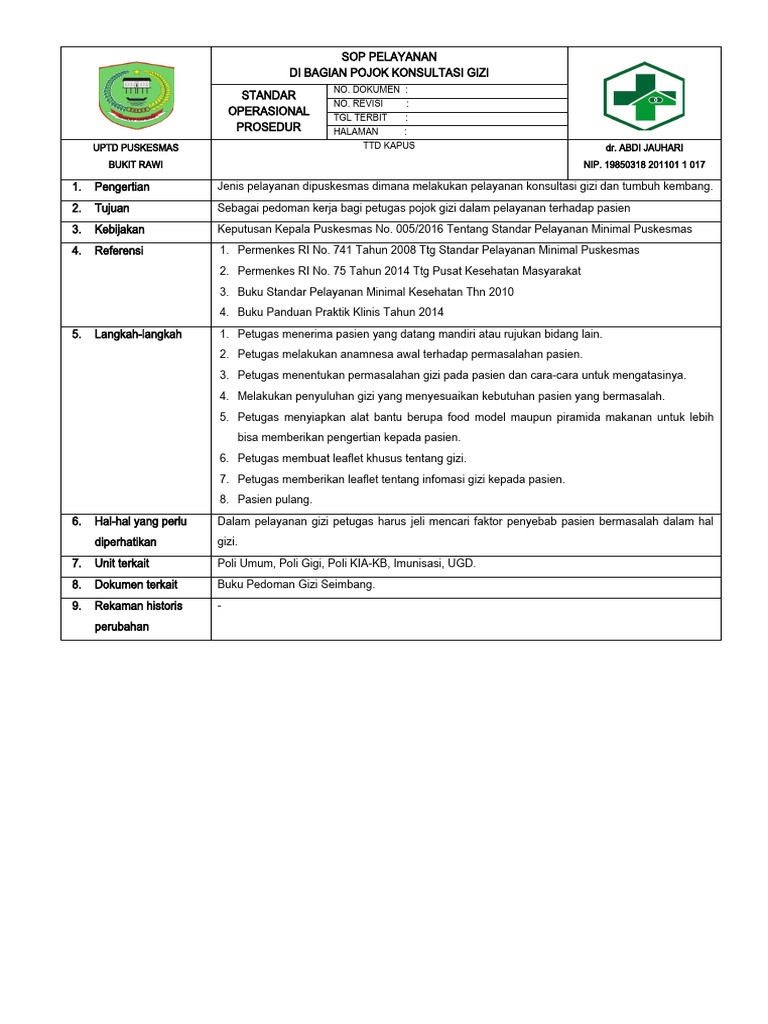 Sop Pelayanan Pojok Konsultasi Gizi | PDF | Kesehatan Holistik