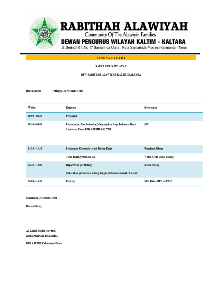 Susunan Acara RAKERDA DPW RABITHAH | PDF