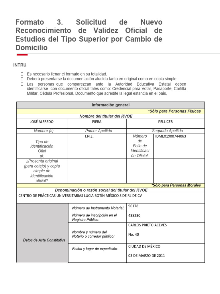 A) Formato 3 Solicitud de RVOE Cambio de Domicilio Actual | PDF ...