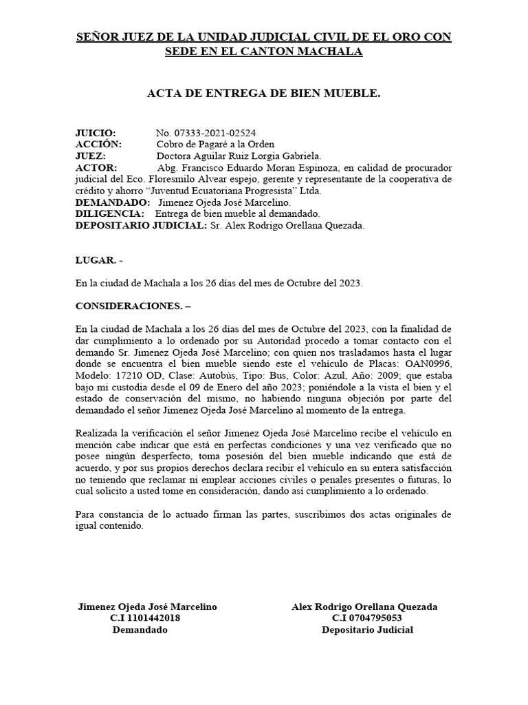 ACTA DE DEVOLUCION DE BIENES. | PDF
