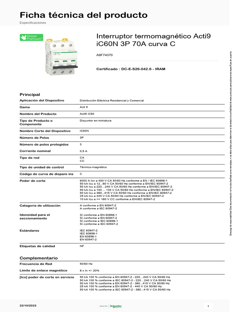 Acti 9 iC60_A9F74370 (1) | PDF | Cantidades fisicas | Ingenieria Eléctrica