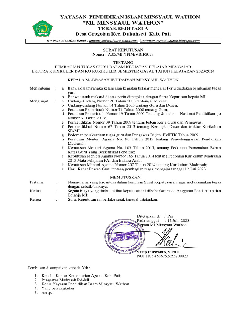 1.SK Pembagian Tugas Guru Efa | PDF
