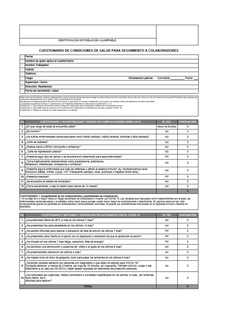 Encuesta de Condiciones de Salud - Identificacion Poblacion Vulnerable | PDF | Medicina ...