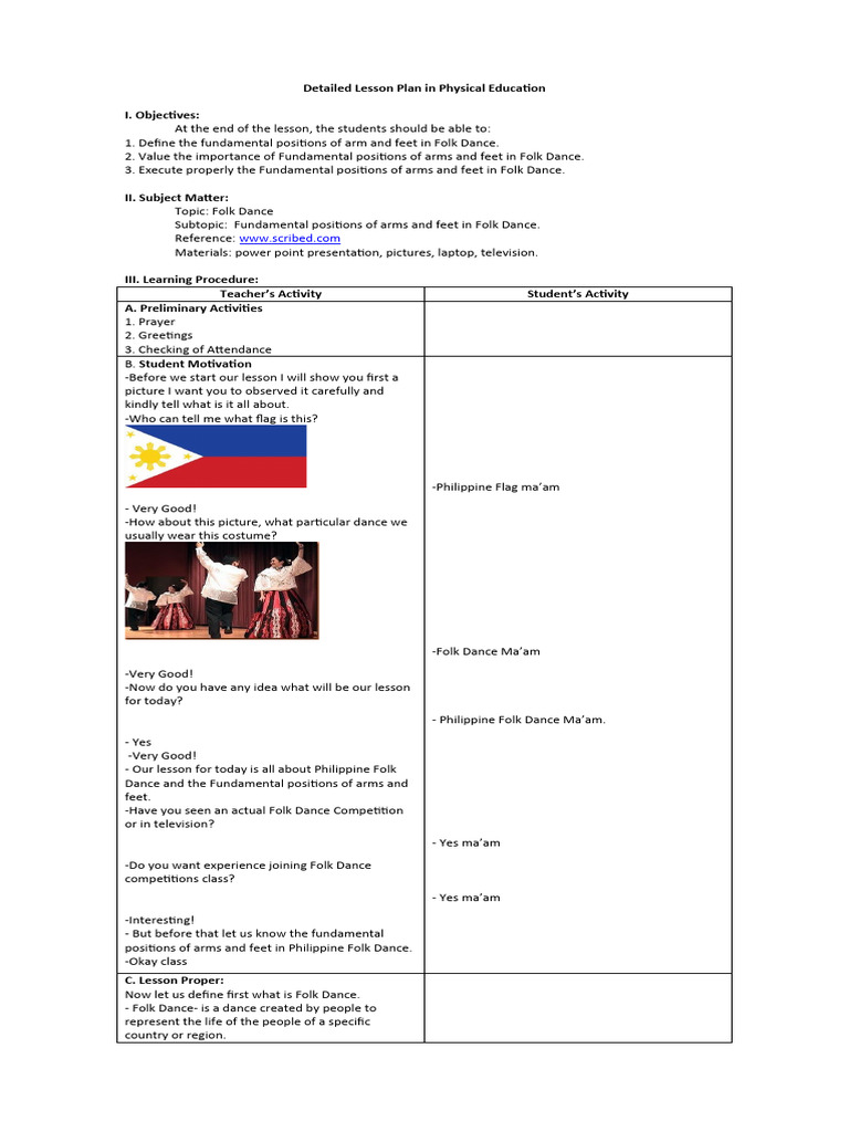 Detailed Lesson Plan in Physical Education | PDF | Foot | Lesson Plan