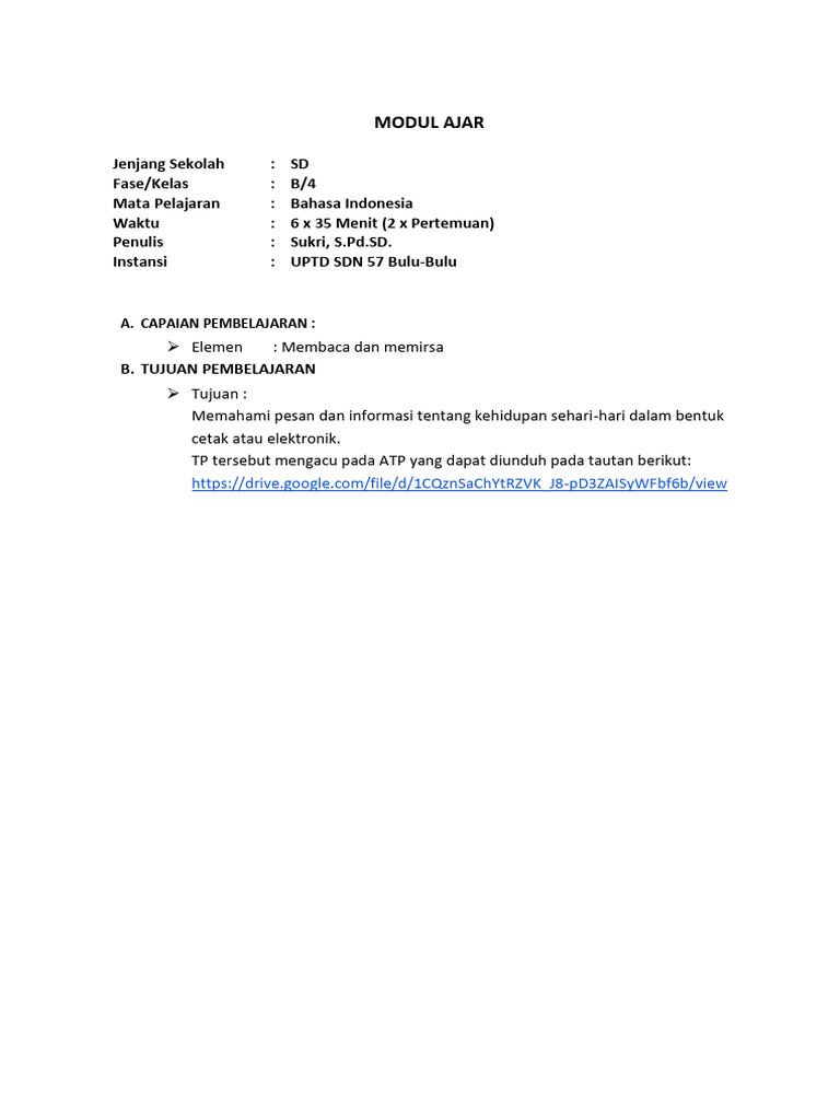 Modul Ajar Bahasa Indonesia - Jelajah Teks Informatif - Fase B | PDF