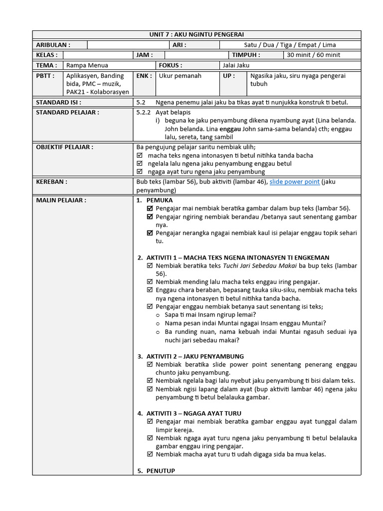 RPH BIB TAHUN 1 UNIT 7 Jalai Jaku | PDF | Seni & Disiplin Bahasa