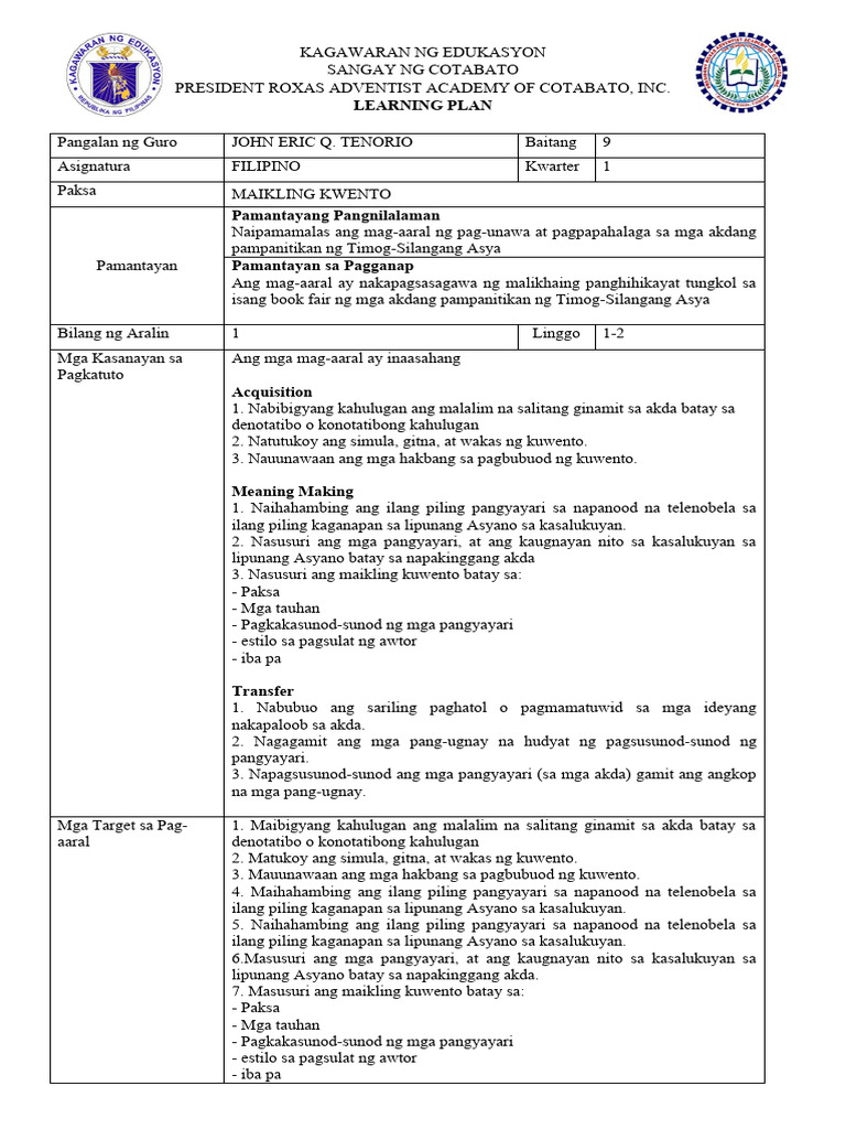 Q1 Filipino 9 Learning Plan | PDF