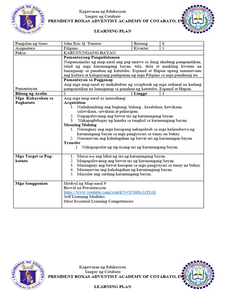 Flipino 8 Learning Plan | PDF