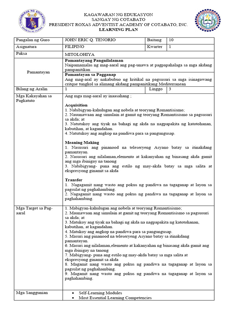 Q1 FILIPINO 10 LEARNING PLAN | PDF