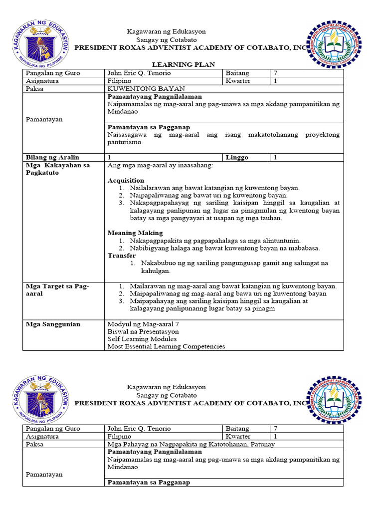 Filipino 7 Learning Plan | PDF