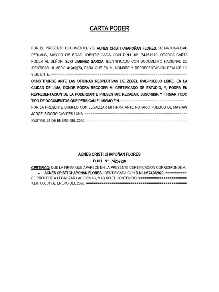 Carta Poder Recoger Certificado de Estudio Acnes Chapoñan | PDF ...