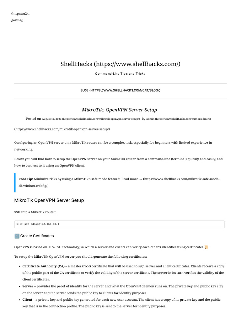 MikroTik - OpenVPN Server Setup - ShellHacks | PDF | Public Key Certificate | Ip Address