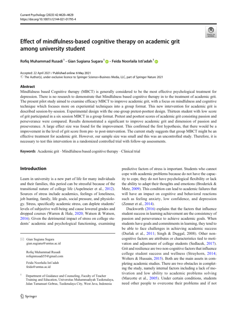 Effect of Mindfulness-Based Cognitive Therapy On Academic Grit | PDF | Mindfulness | Grit ...