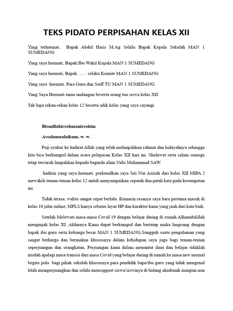TEKS PIDATO PERPISAHAN KELAS XII by Cantika Sari | PDF