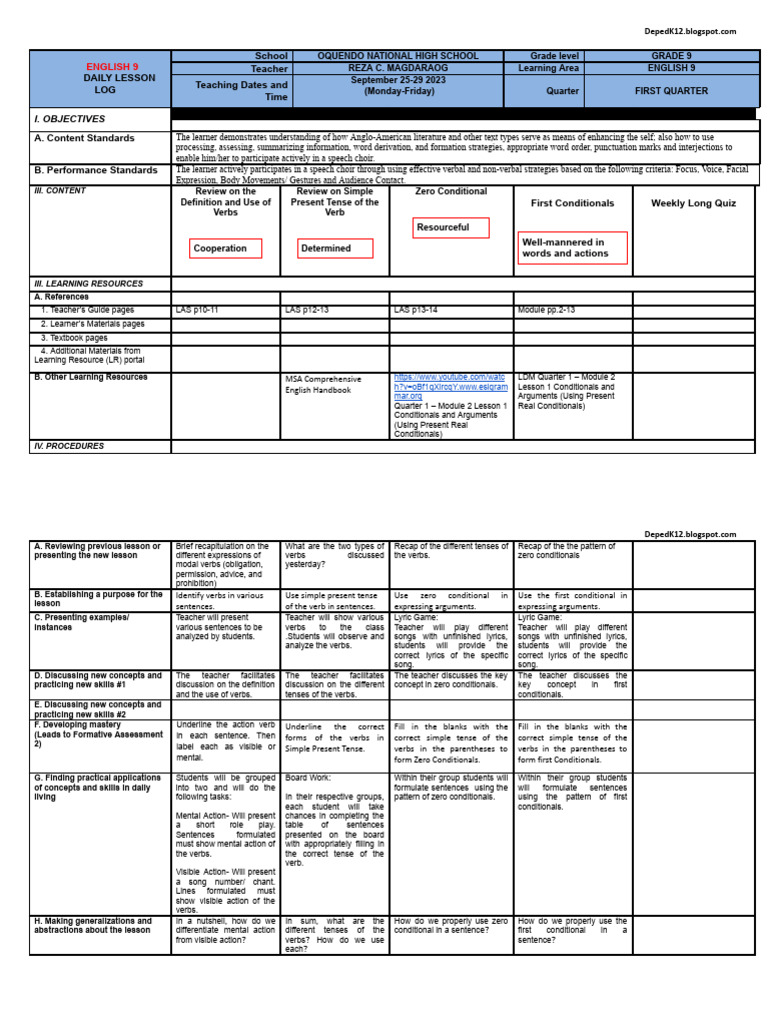 DLL G9 Q1 Week4 | PDF | Verb | Grammatical Tense