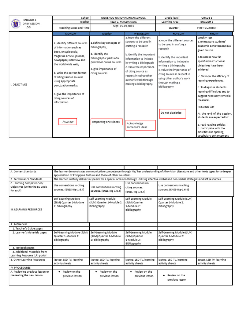 Grade 8 English Lesson Plan | PDF | Bibliography | Citation