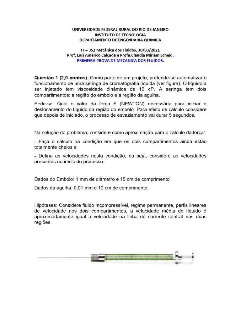 1prova - Mecflu - 2020.1 Versão Final 2 | PDF | Mecânica dos fluidos | Pressão