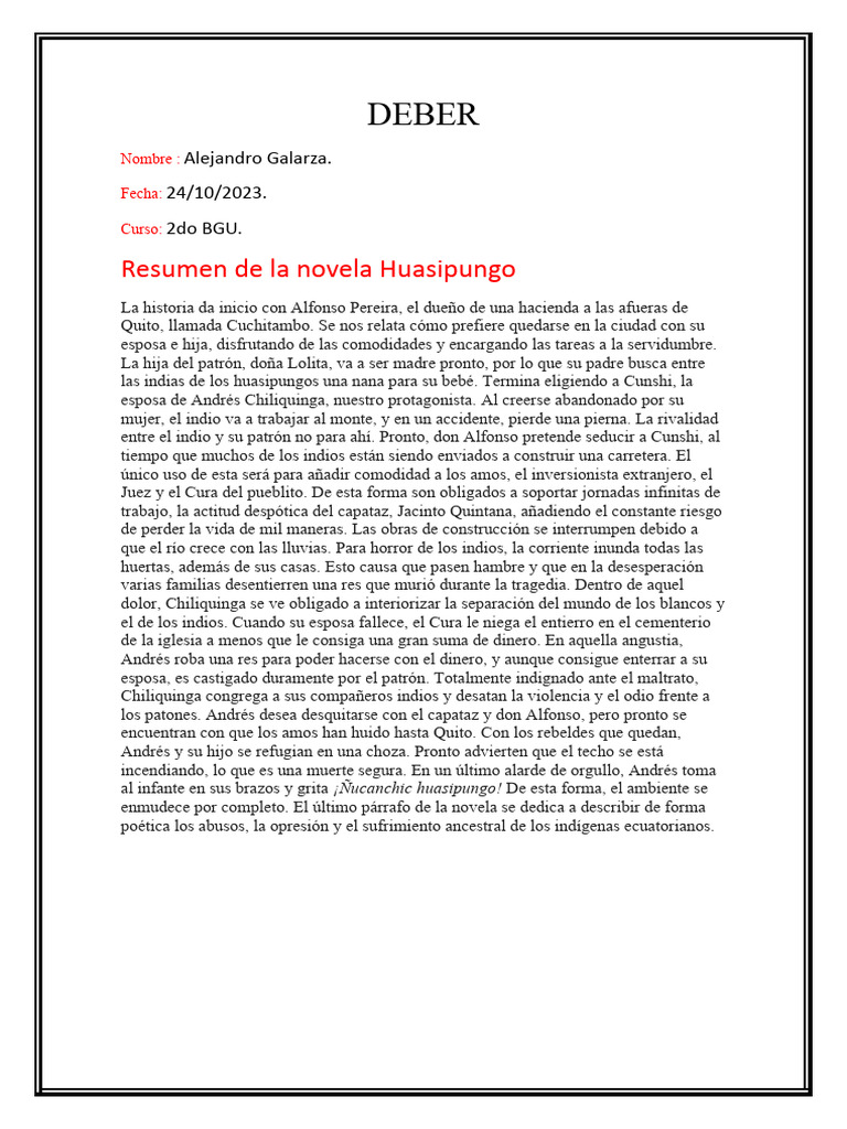 DEBER Resumen Huasipungo | PDF | Novela negra, policíaca y suspenso ...