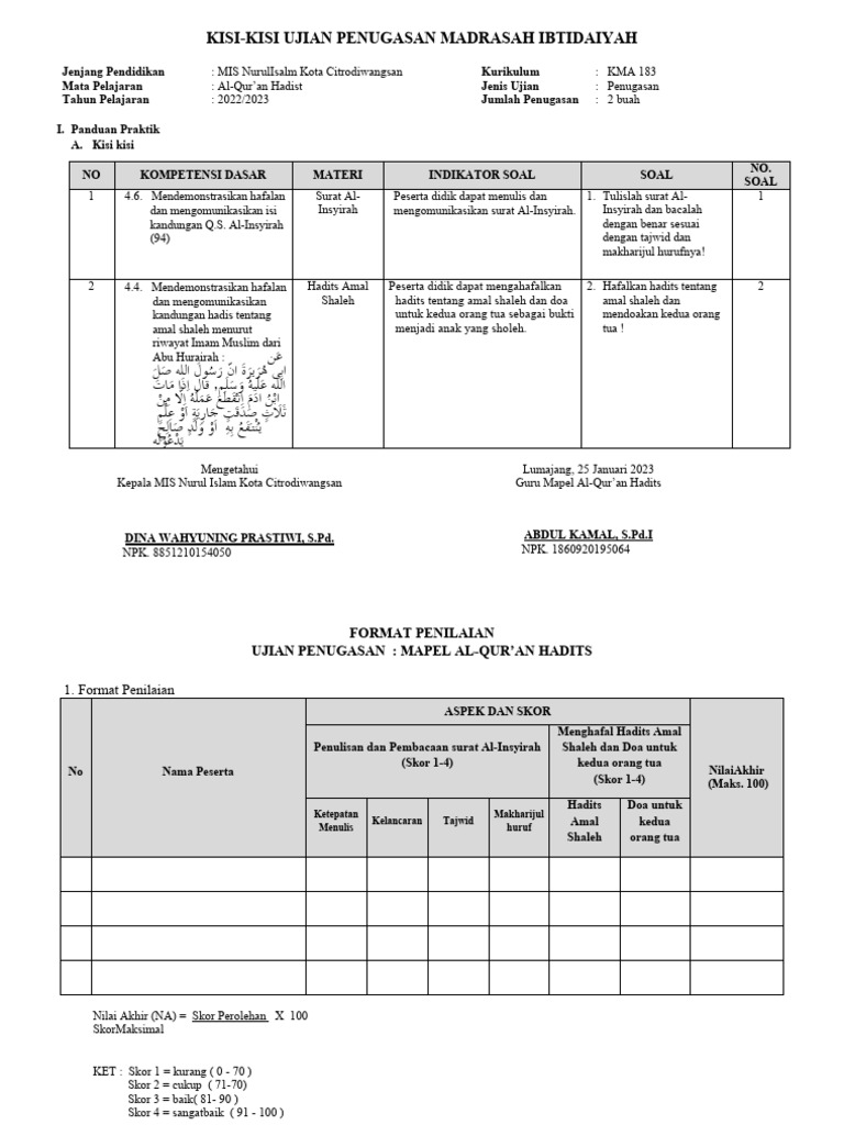 Kisi-Kisi Penugasan Mapel Al-Qur'an Hadits Kls 6 | PDF