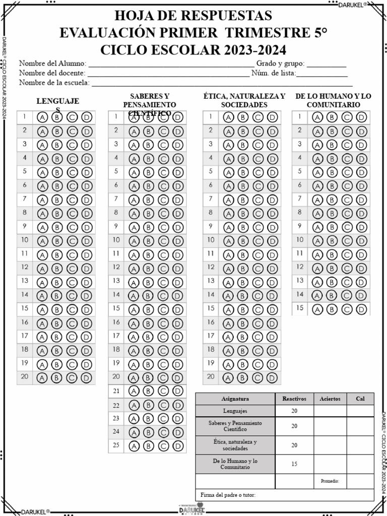 3° Trim1 Hoja de Respuestas Darukel 2023-2024 | PDF