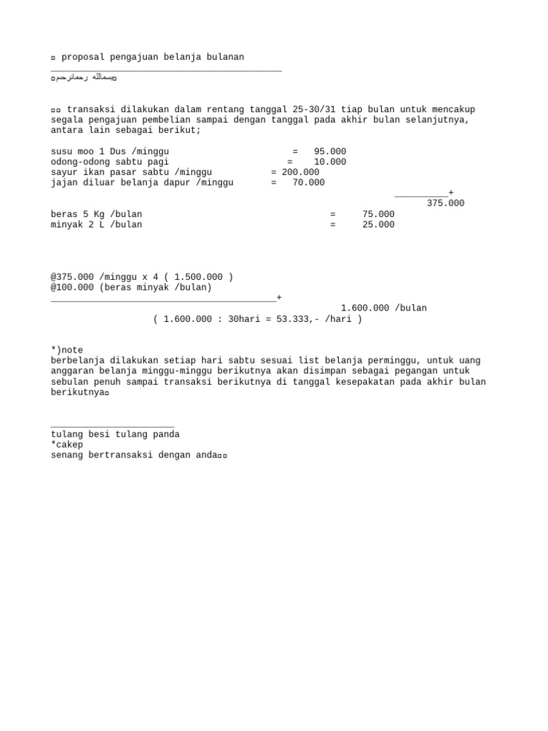 Proposal Belanja Bulanan | PDF | Pengelolaan Keuangan & Uang