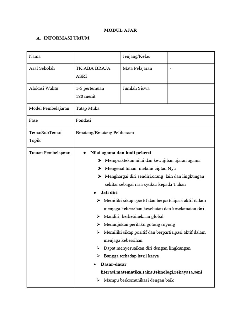 Modul Ajar Tema Binatang untuk TK | PDF