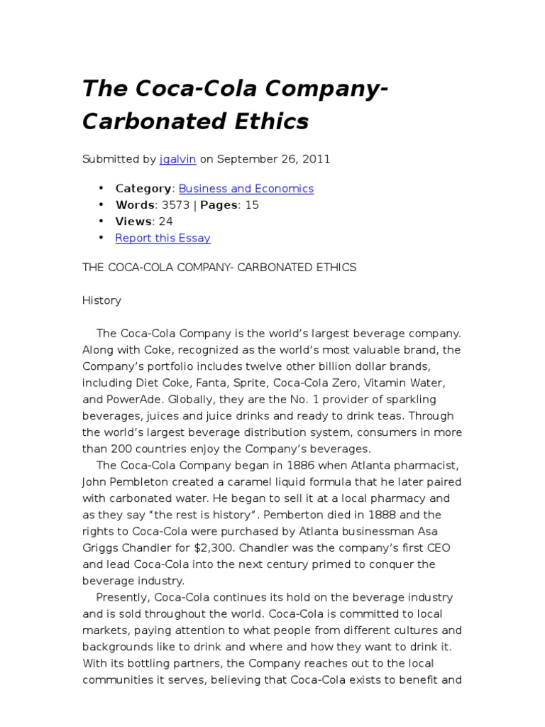 The Coca-Cola Company-Carbonated Ethics: Jgalvin Business and Economics ...