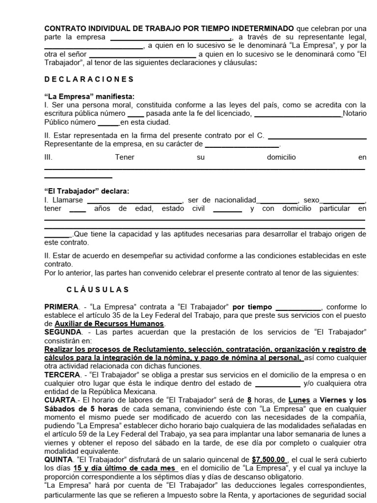 Formato - Contrato Individual de Trabajo Por Tiempo Indeterminado | PDF | Business | Clase obrera