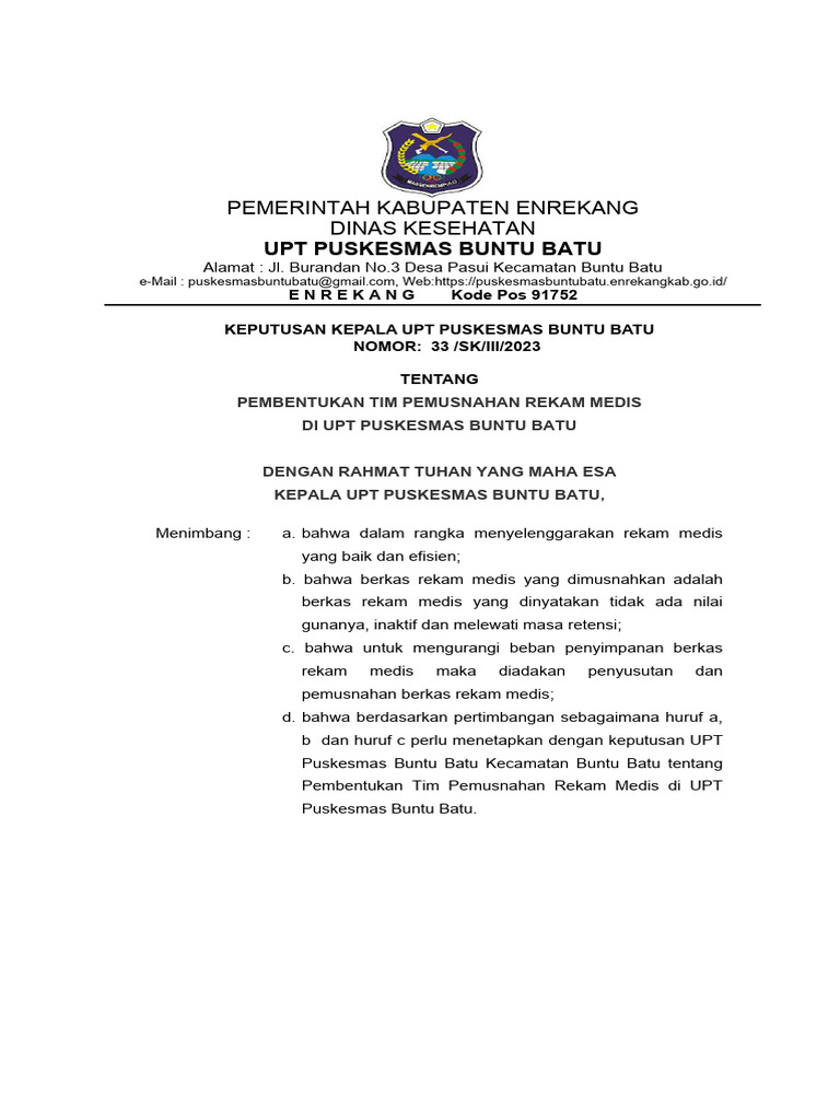 SK Tim Pemusnahan Rekam Medis | PDF